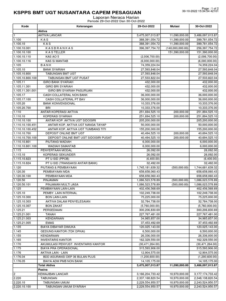 Kspps BMT Ugt Nusantara Capem Pesaguan: Laporan Neraca Harian | PDF