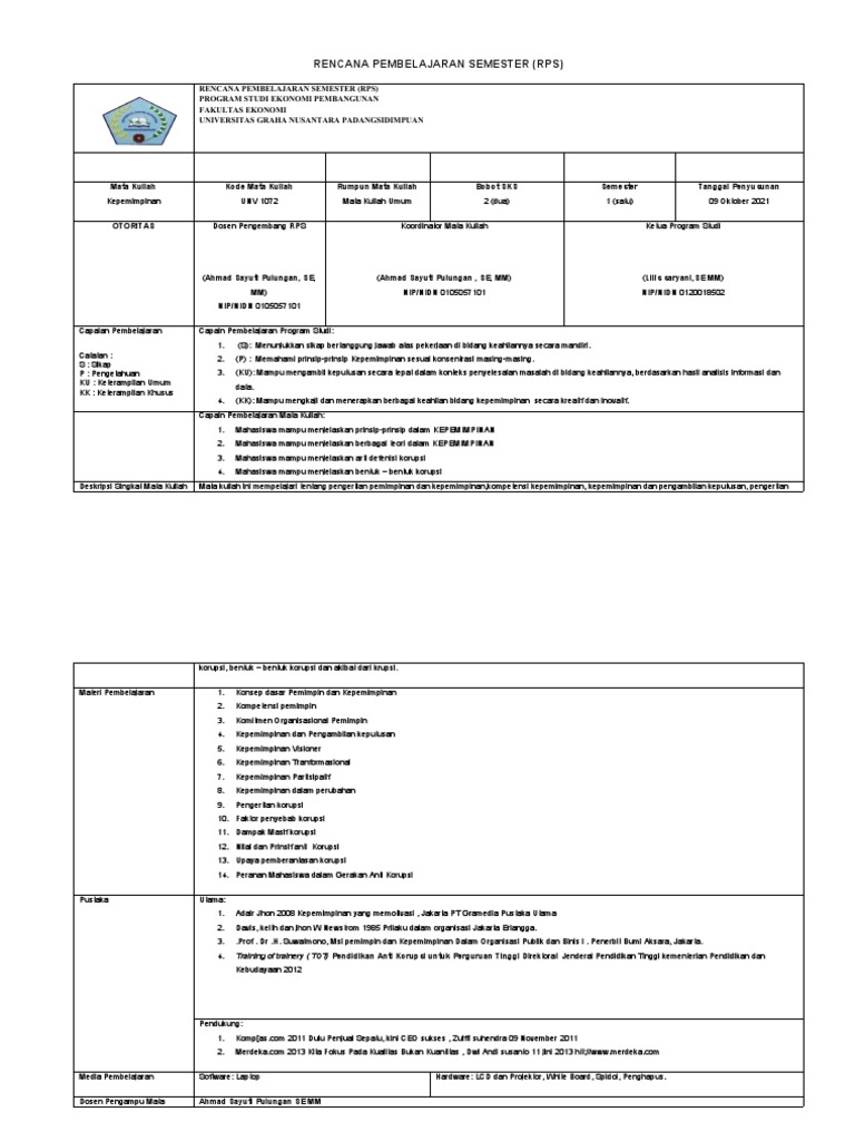 Rps Kepemimpinan Dan PAK 1 | PDF | Karier & Perkembangan