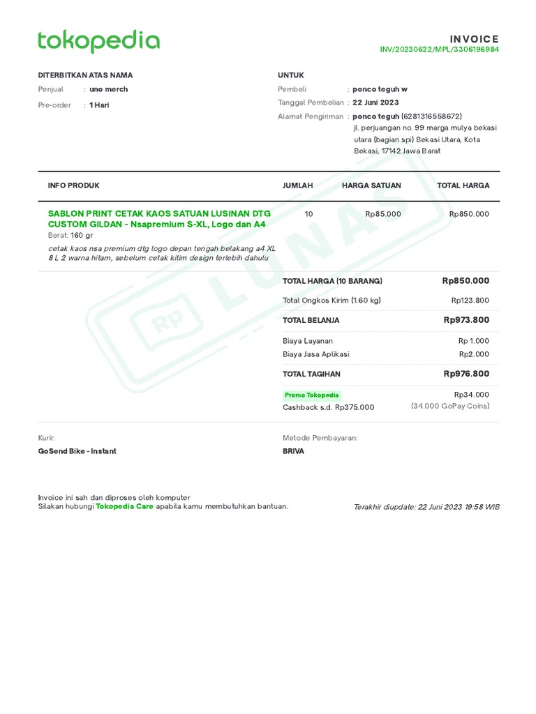 Invoice 3306196984 Kaos | PDF