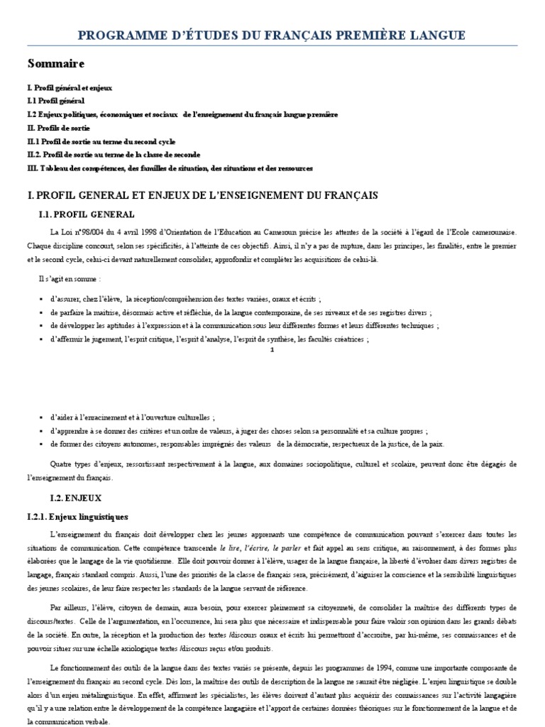 Enjeux et Compétences du Français L1 | PDF | la communication | Lexicologie