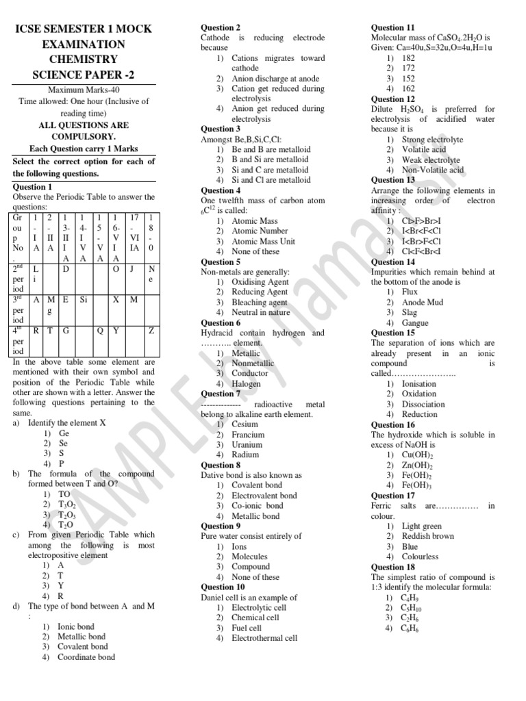 ICSE SEMESTER 1 MOCK EXAMINATION Class 10 | PDF | Hydroxide | Acid