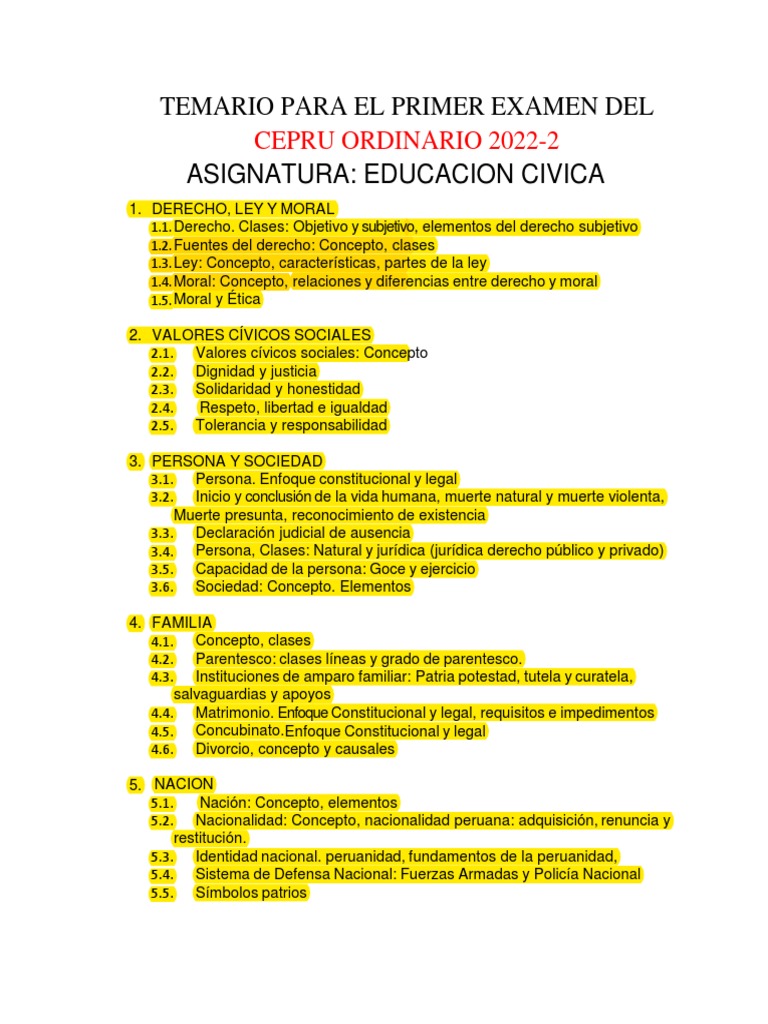 Temario de Educacion Civica para El Primer Examen Cepru Ordinario 2022 ...