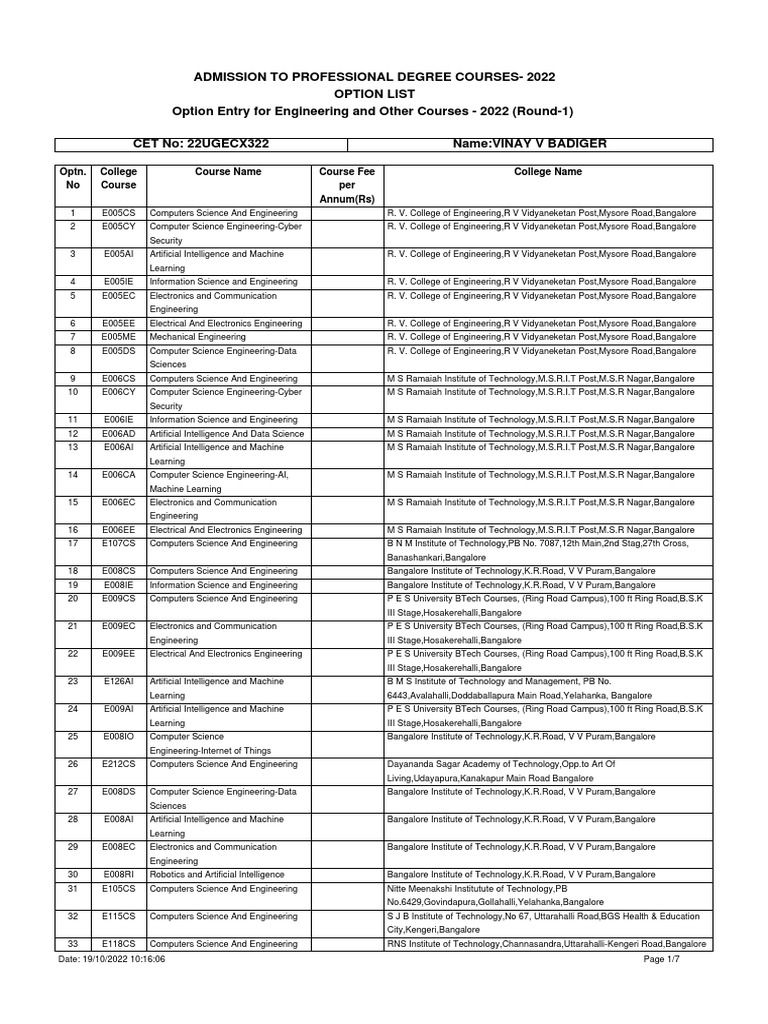 CET Option Entry for Engineering 2022 | PDF | Engineering | Computer ...