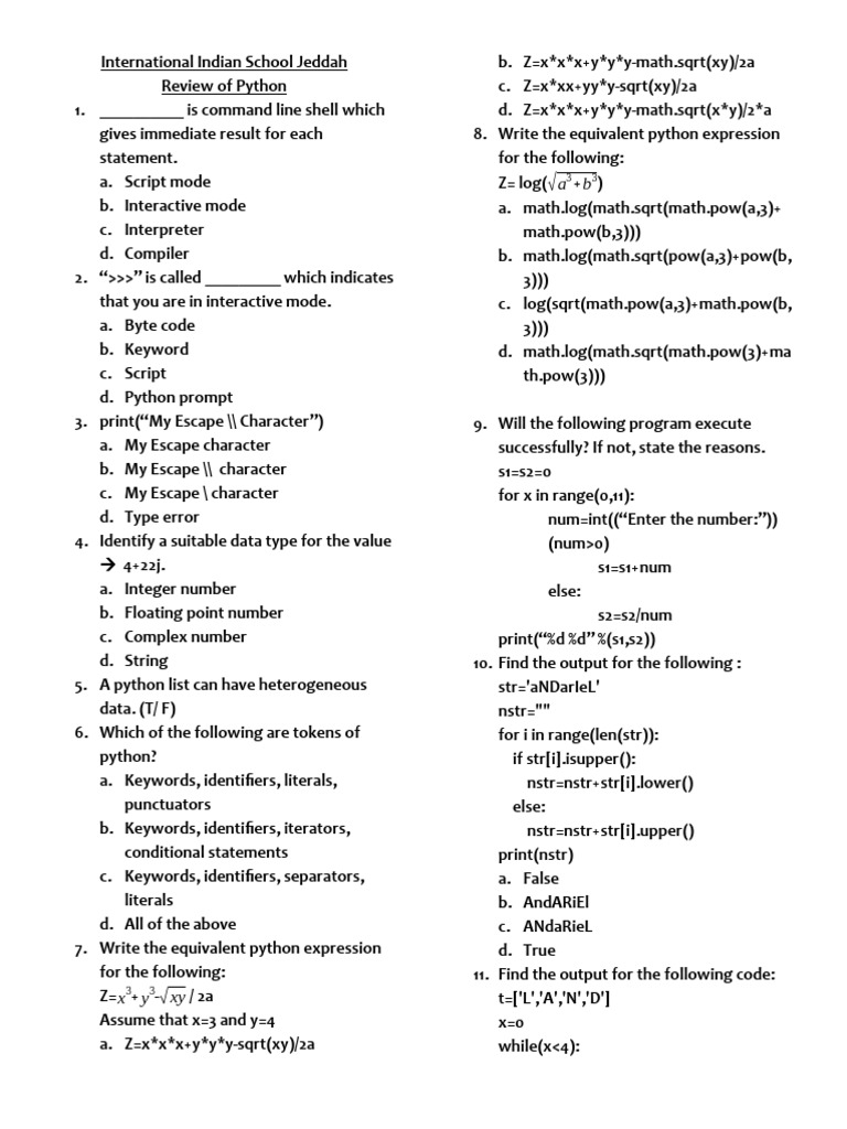 XI PythonReview | PDF | Python (Programming Language) | Reserved Word