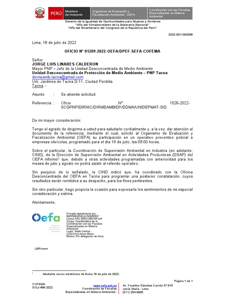 OFICIO 01209-2022-OEFA-DPEF-SEFA-COFEMA rev | PDF | Gobierno