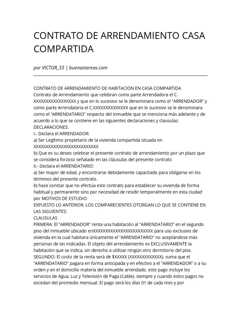 Contrato de Arrendamiento Casa Compartida-22 06 2014 | PDF | Propiedad