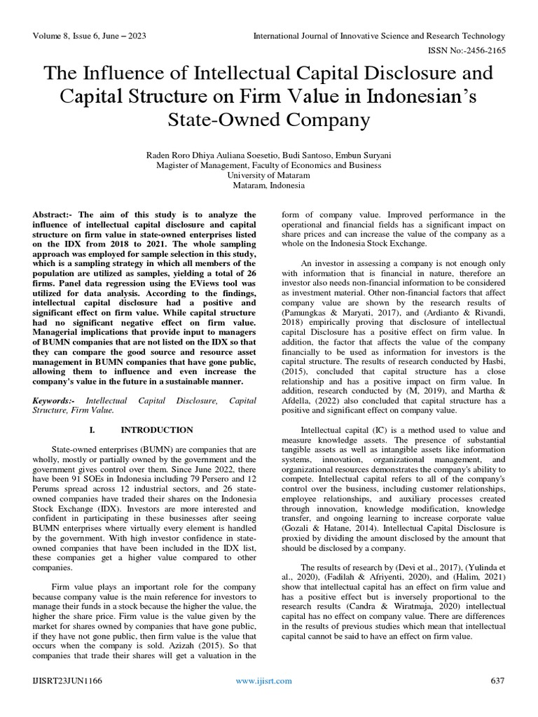 The Influence of Intellectual Capital Disclosure and Capital Structure On Firm Value in ...