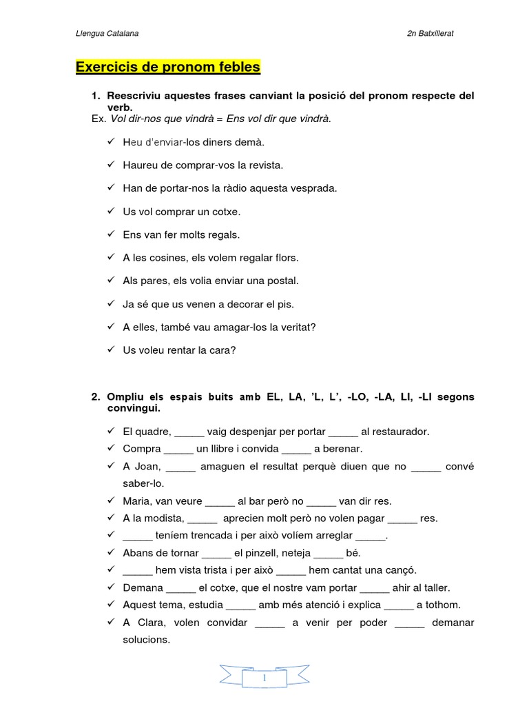Exercicis de Pronom Febles | PDF