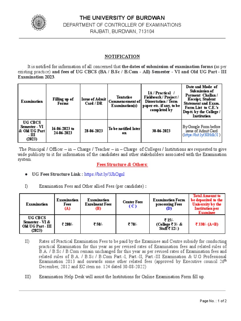 Burdwan college Examination Form Fillup Fees | PDF | Service Industries