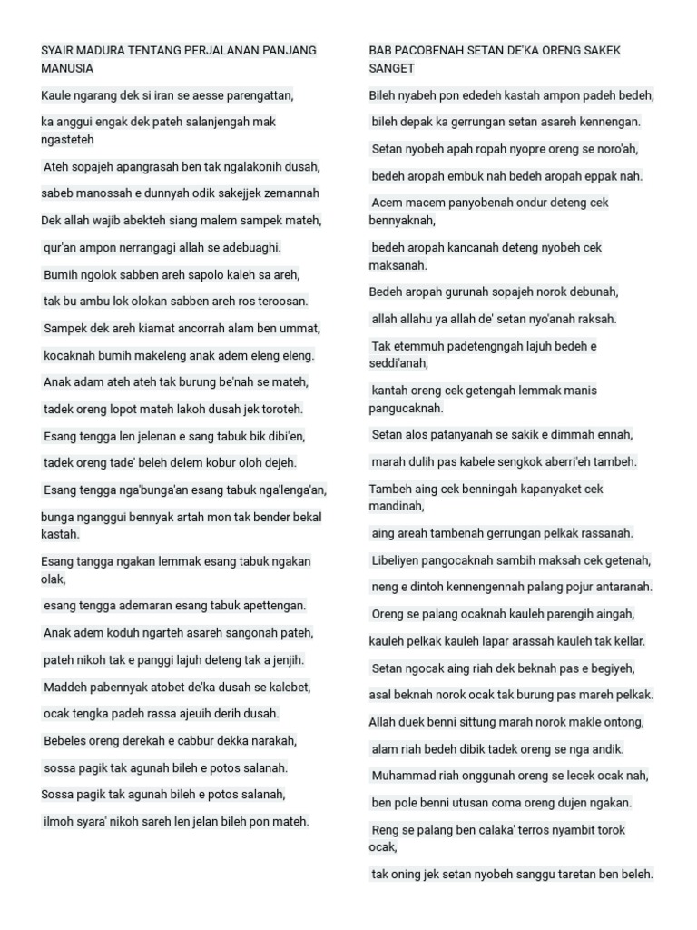Syair Madura Tentang Perjalanan Panjang Manusia | PDF | Seni & Disiplin Bahasa | Kajian Bahasa Asing