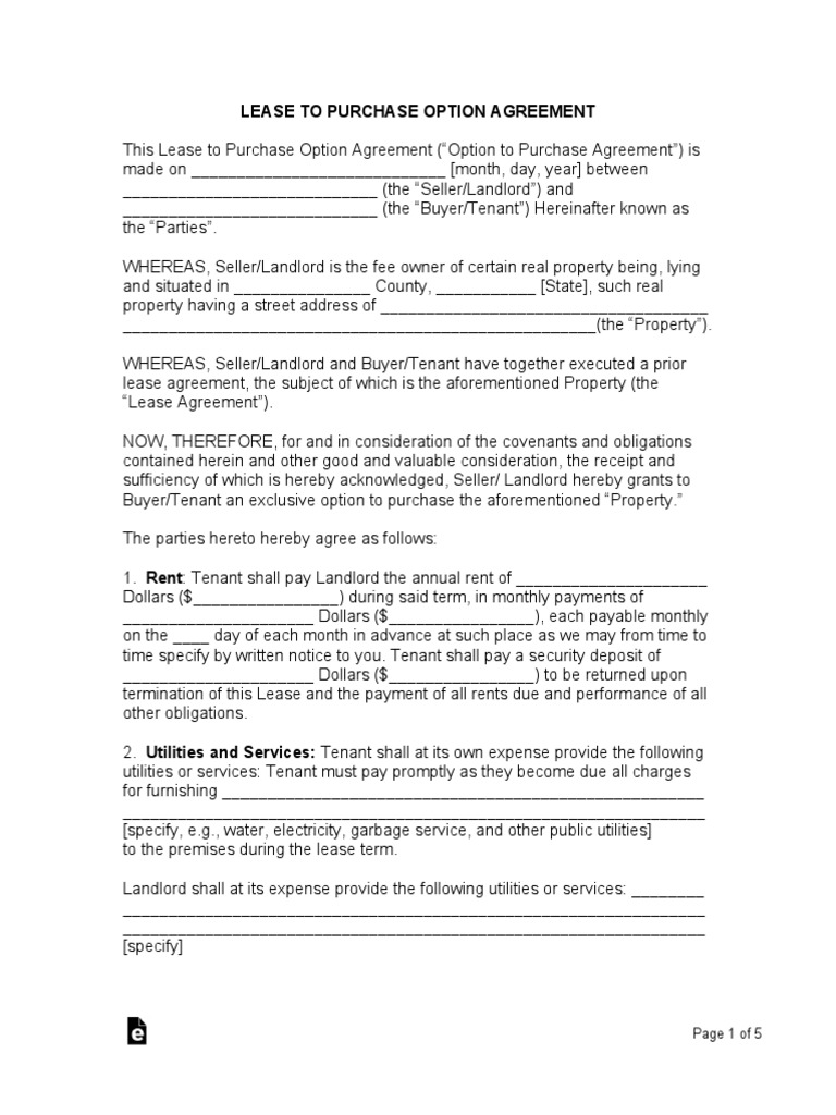 Lease To Own Option To Purchase Agreement | PDF | Lease | Leasehold Estate