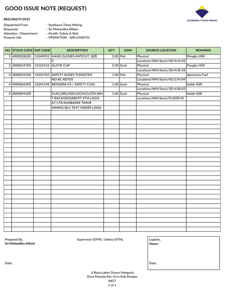 Goods Issue Note for Safety Equipment | PDF