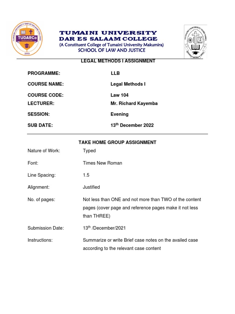 Legal Methods I Case Note Assignment Evening Pdf Tanzania 6734
