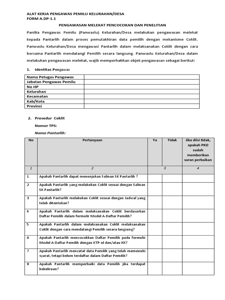 FORM A.DP-1.1 Pengawasan Melekat Pencoklitan PKD Desa ........... TGL .............. | PDF