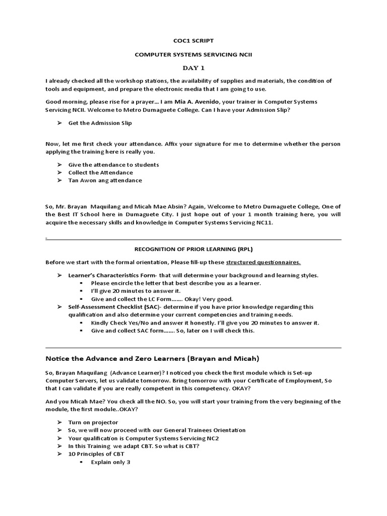 COC1 Script for Computer Training | PDF | Learning | Cognitive Science