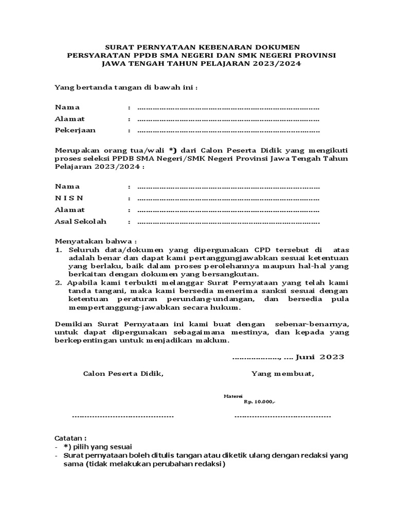 Format Surat Pernyataan Kebenaran Dokumen | PDF