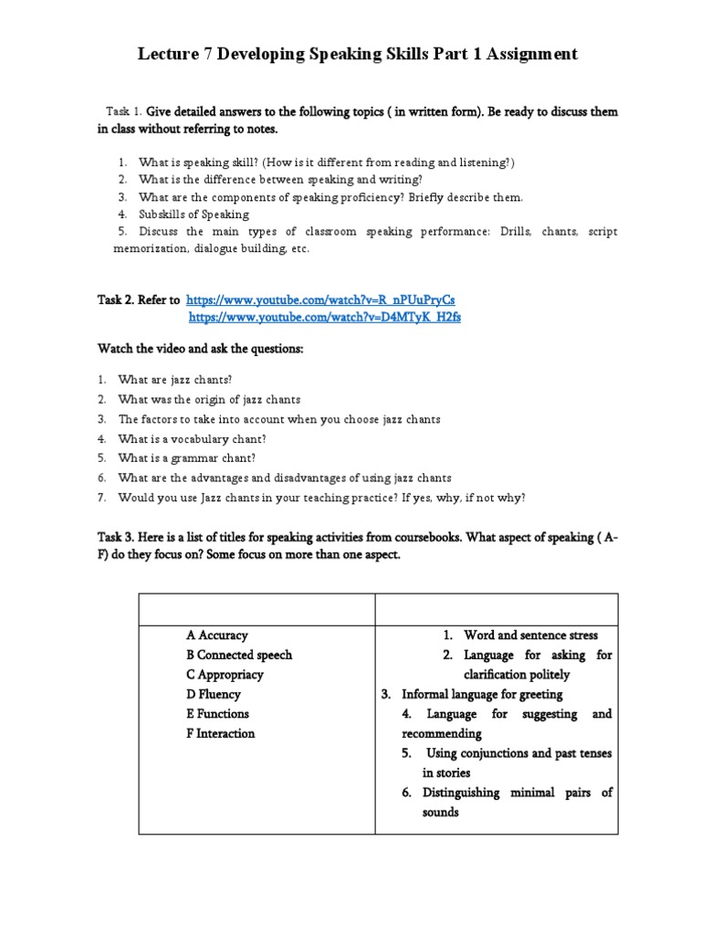 Lecture 7 Developing Speaking Skills Assignment | PDF | Question | Fluency