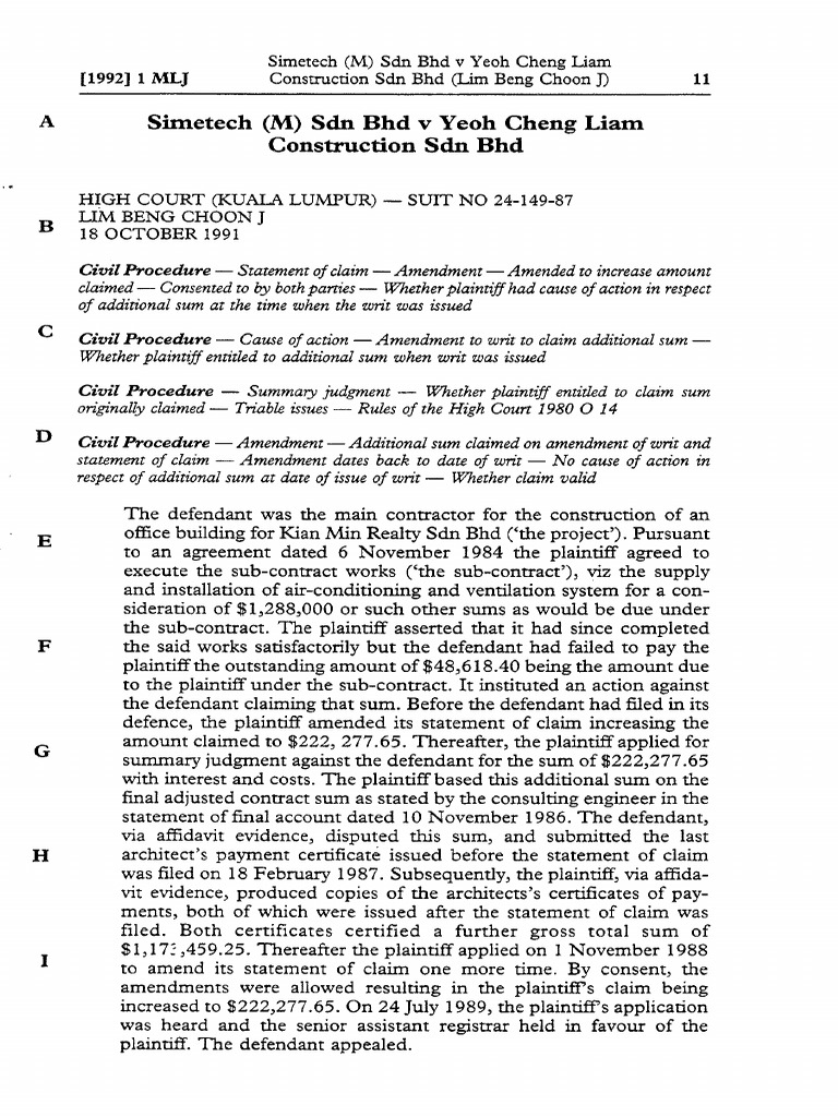 Simetech (M) SDN BHD V Yeoh Cheng Liam Construction SDN BHD | PDF