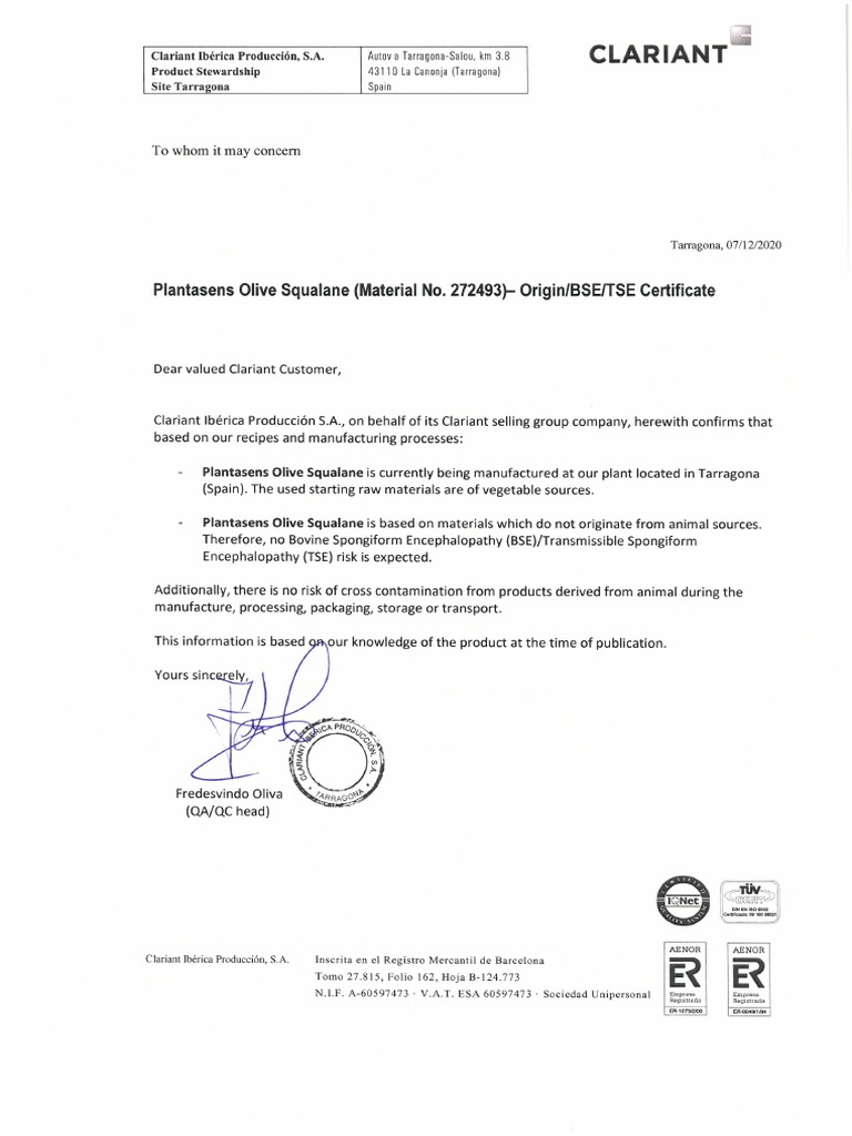 Plantasens Olive Squalane - BSE - SQA Certificate | PDF