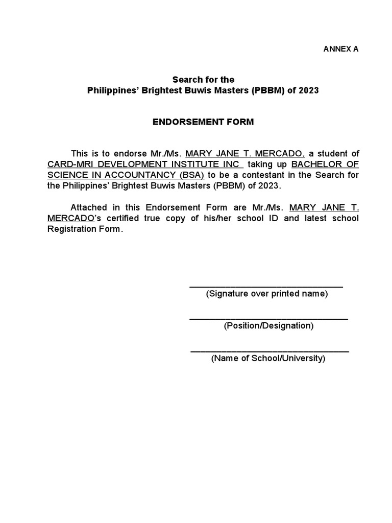 Annex a Endorsement Form | PDF