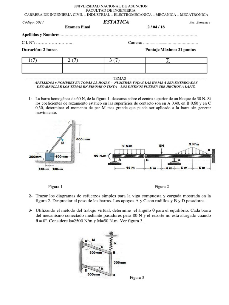 Examen Final de Estática 2018 | PDF