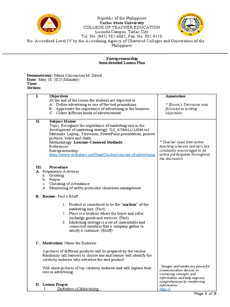 MARIA CONCEPCION M. DAVID SEMI-DETAILED LESSON PLAN Revised | PDF | Advertising | Online Advertising