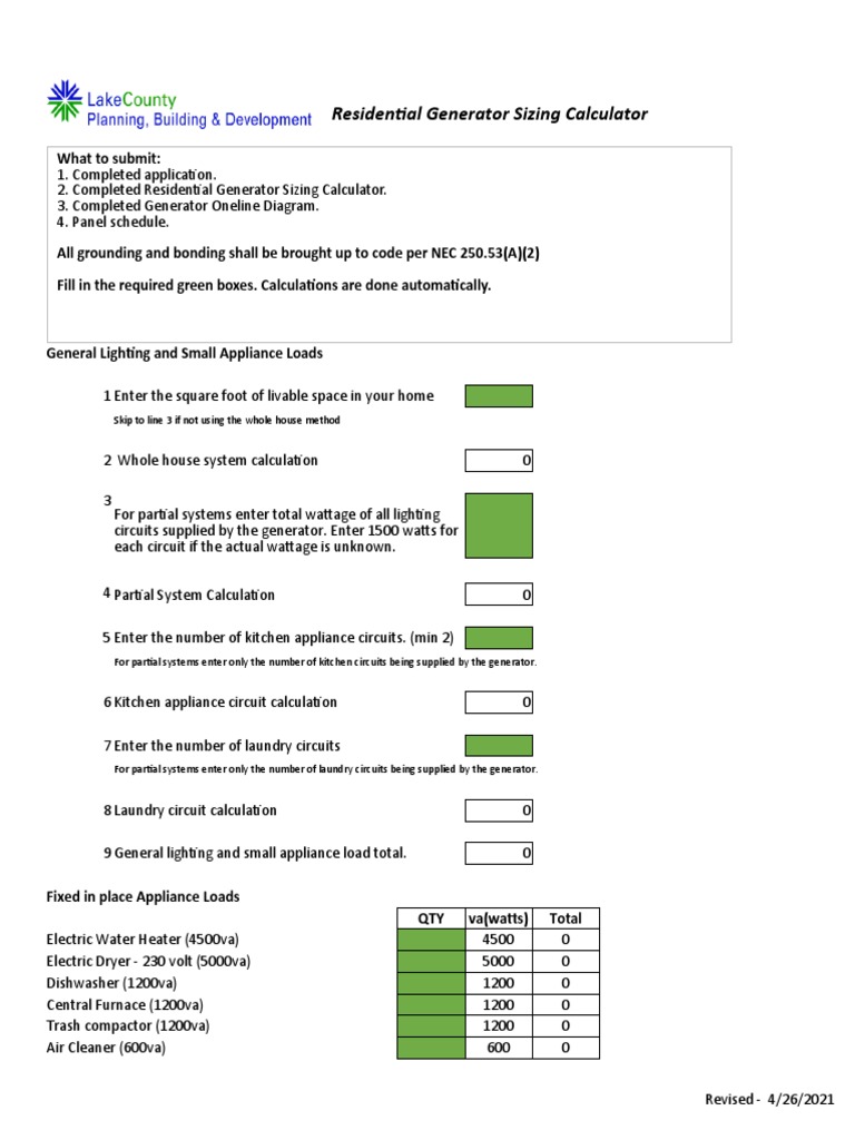 Lake County Generator Sizing Worksheet | PDF | Air Conditioning | Home ...