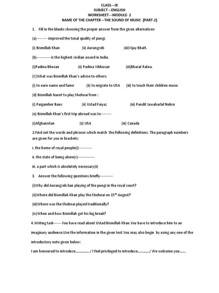 IX English the sound of Music Worksheet For Module--2 | PDF