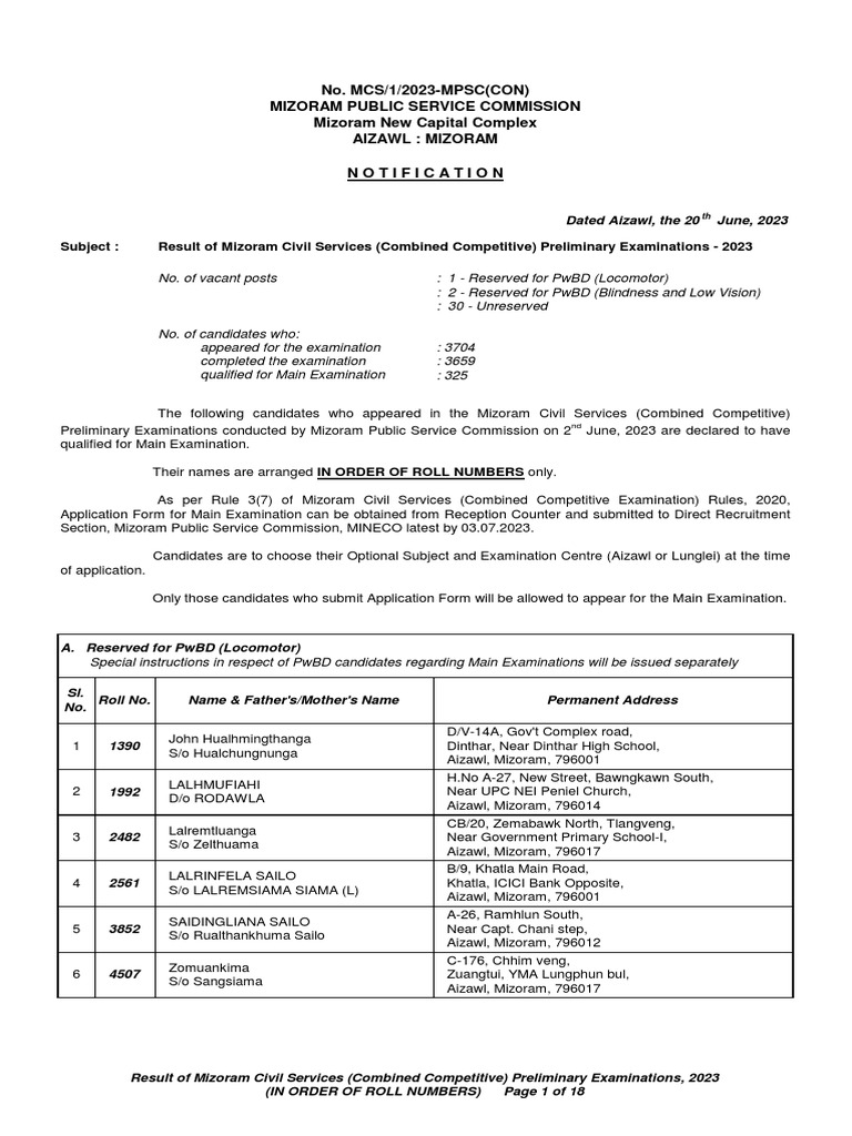 Mcs Combined 2023 Preliminary Examination Result | PDF