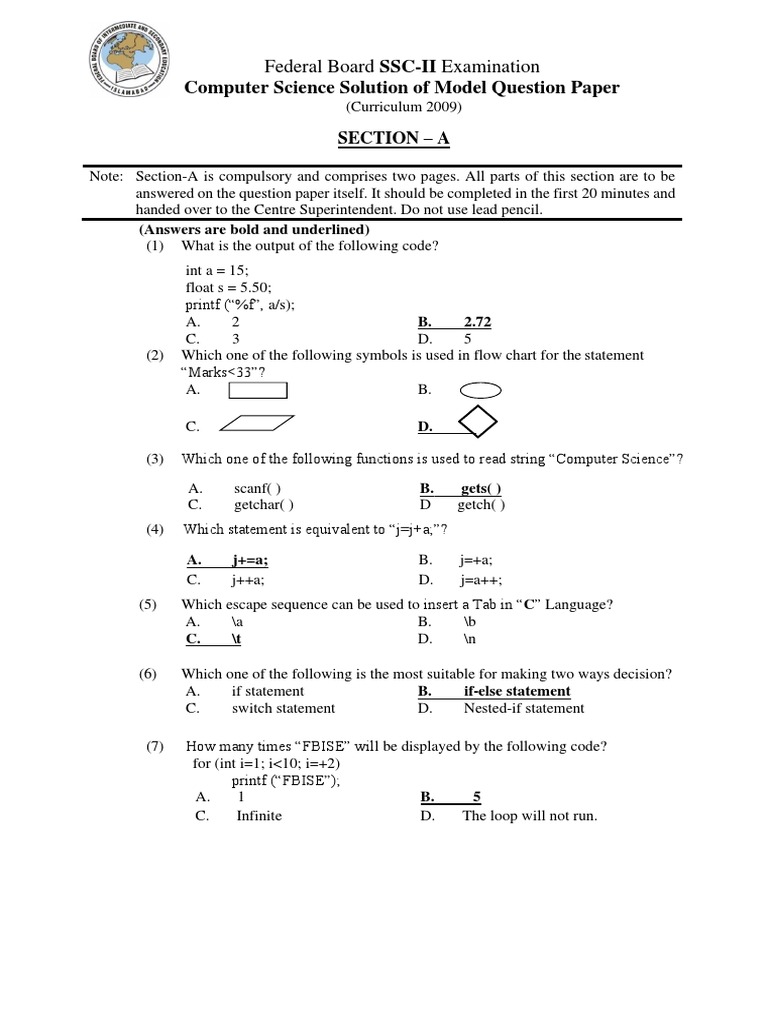 Computer Science SSC-II Solution | PDF | Computer Program | Programming