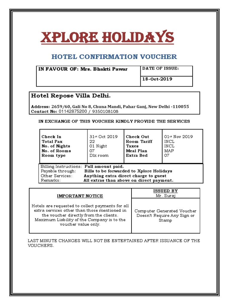 Xplore Holidays Hotel Confirmation Voucher Mrs Bhakti Pawar (1) | PDF ...