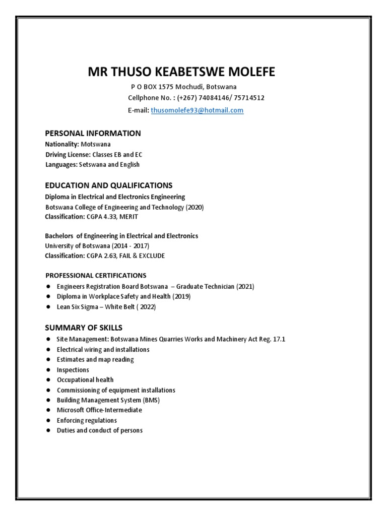 Thuso Molefe's Electrical Technician CV | PDF | Botswana | Electrical ...