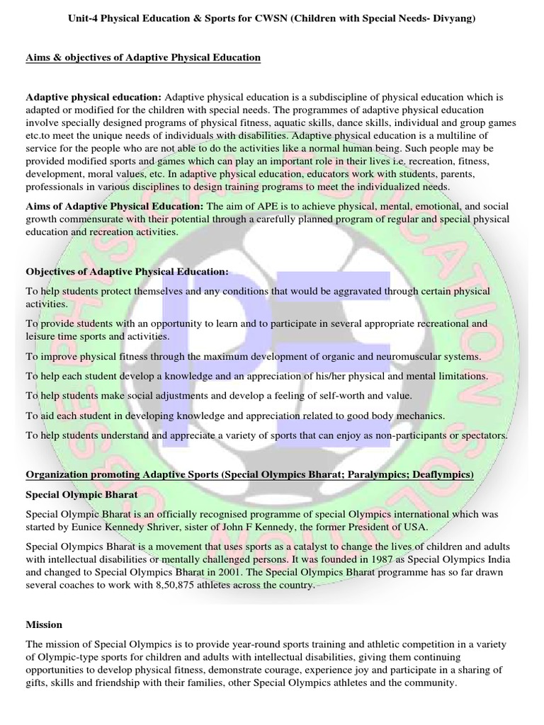 Unit 4. Physical Education & Sports For CWSN (Children With Special Needs - Divyang) - Class-11 ...