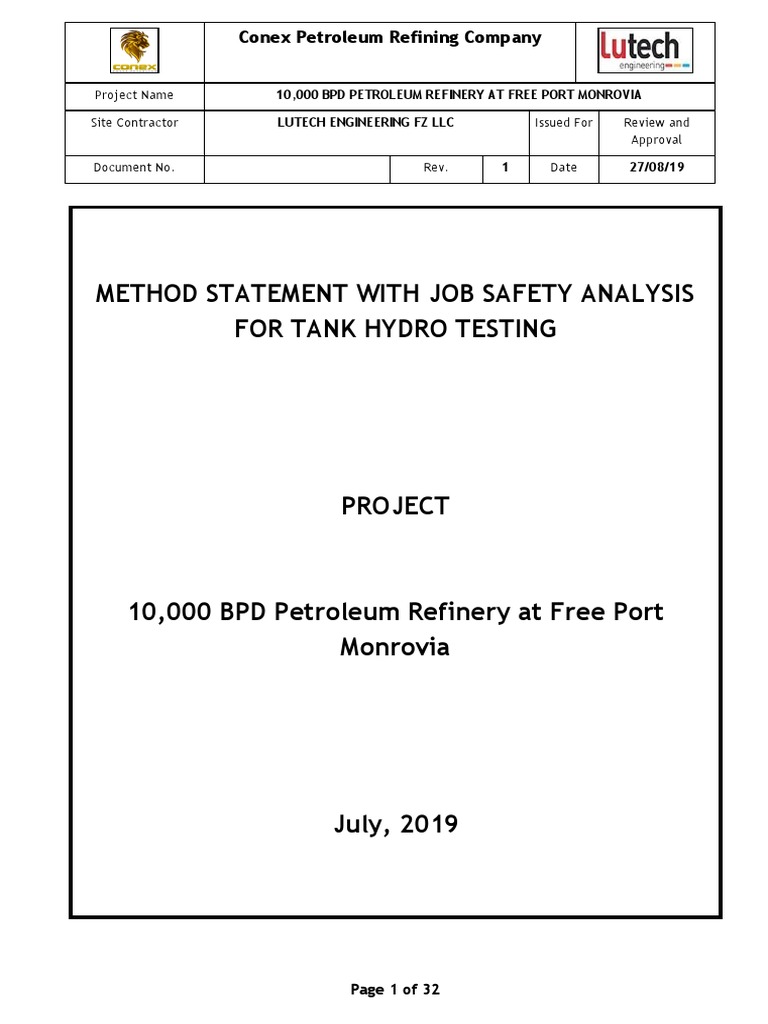 Hydro Testing Method Statement | PDF | Oil Refinery | Water