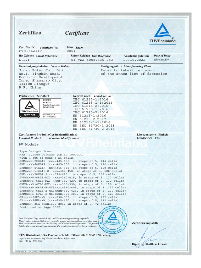 IEC Certificate 1000V Single Glass 202304 | PDF