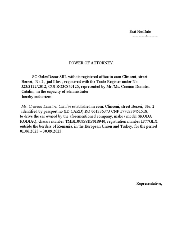 Imputernicire Utilizare Masina in Limba Engleza | PDF