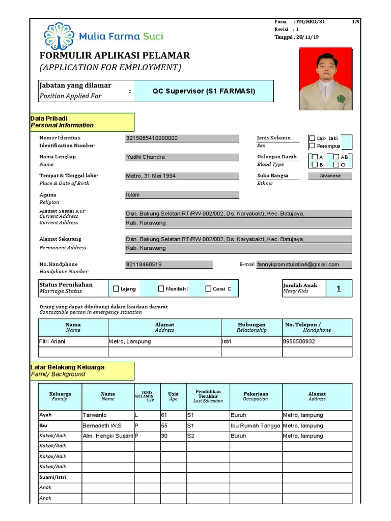 Fm-hrd-31-00 Form Aplikasi Pelamar (Yudhi Chandra) | PDF