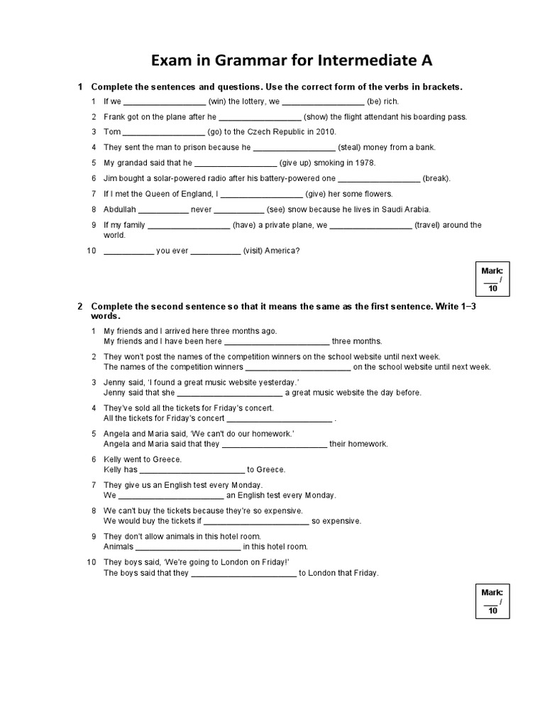 Intermediate A Grammar Exam | PDF | Linguistics