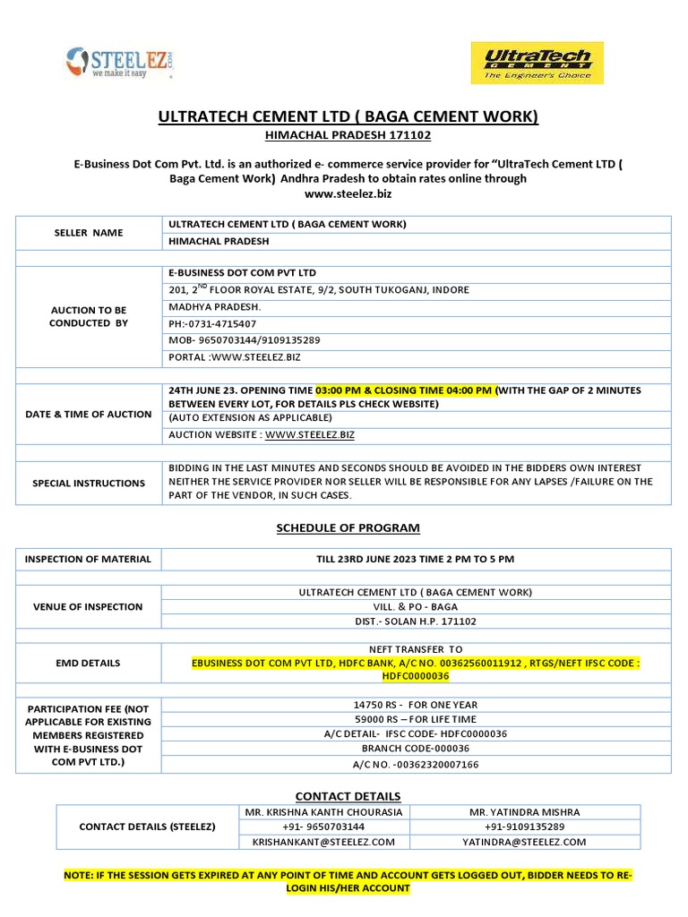 ULTRATECH Baga Cement Work 24th June 2023 | PDF | Auction | Marketing