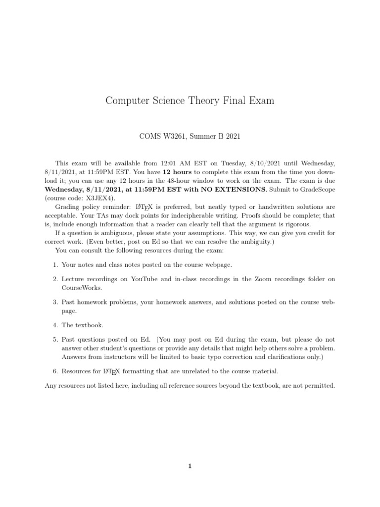 Computer Science Theory Final Exam | PDF | Applied Mathematics | Mathematical Logic