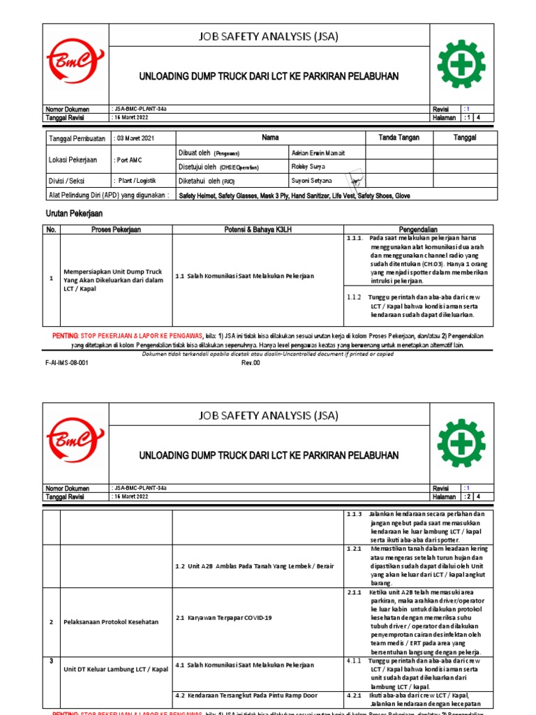 JSA Unloading Dump Truck di Pelabuhan | PDF