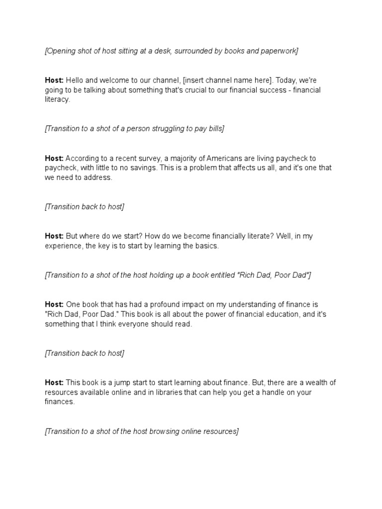 Financial Literacy Youtube Script | PDF | Financial Literacy | Investing