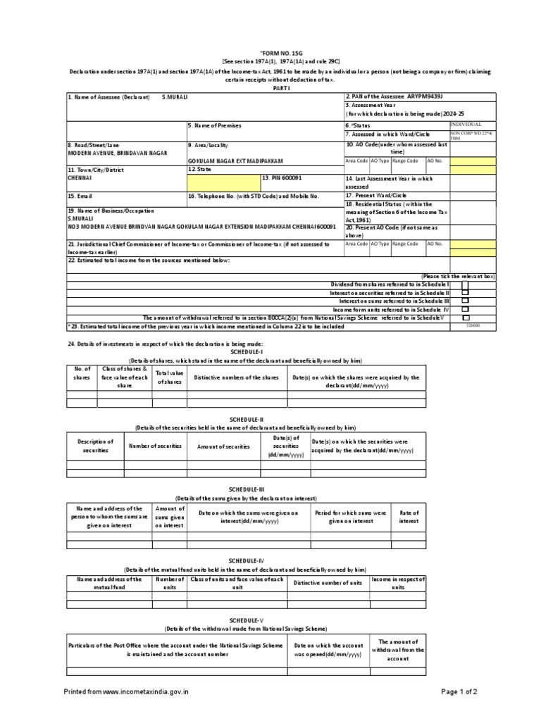 Form 15G | PDF | Interest | Securities (Finance)