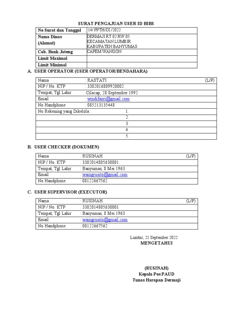 Surat Pengajuan User Id Bibs | PDF