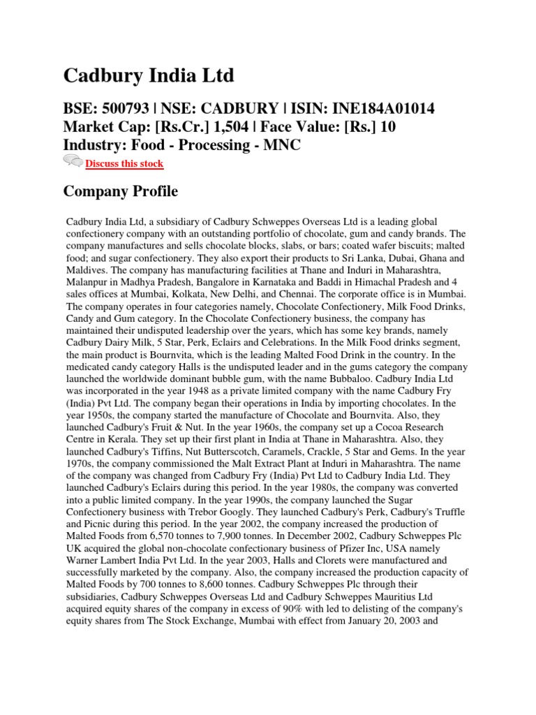 Cadbury India LTD | PDF | Sugar Confectionery | Food Industry