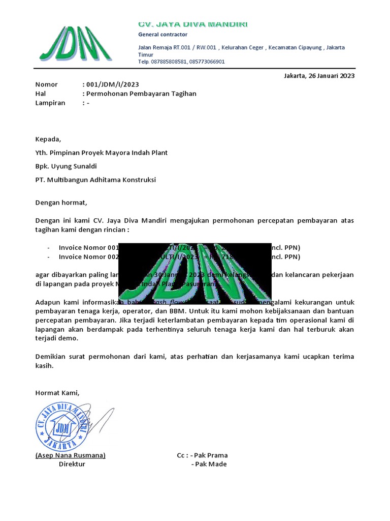 surat permohonan percepatan pembayara | PDF