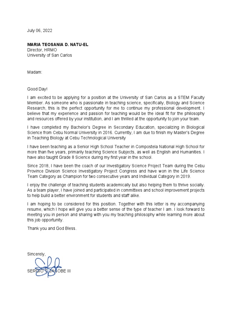 Intent Letter for STEM Faculty Position | PDF