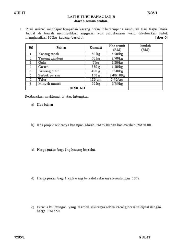 LATIHAN PENGIRAAN KOS | PDF