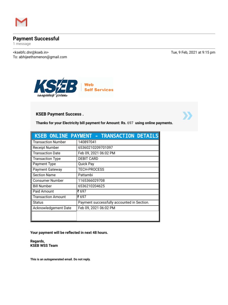KSEB Online Payment Confirmation | PDF | Finance & Money Management