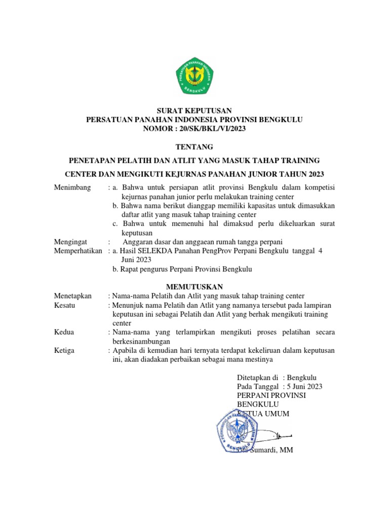 SURAT KEPUTUSAN Atlit Kejurnas 2023 PELATIH Baru | PDF
